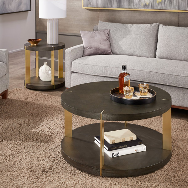 Mercer41 Sula Gold Finish Dark Brown Faux Shagreen Round Table - Coffee Table And End Table Set ...
